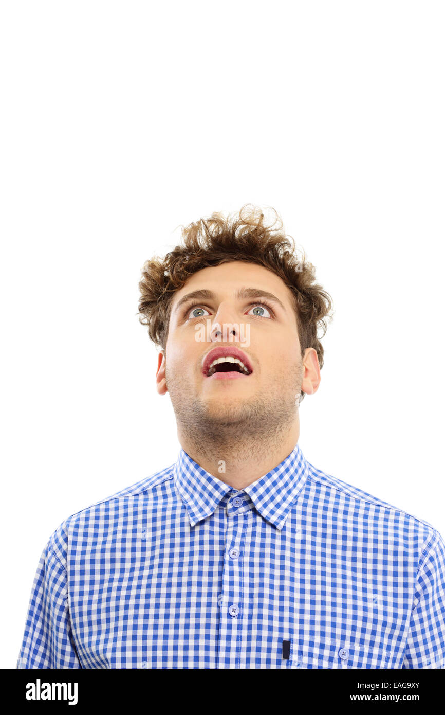 surprised man looking up isolated on a white background Stock Photo - Alamy