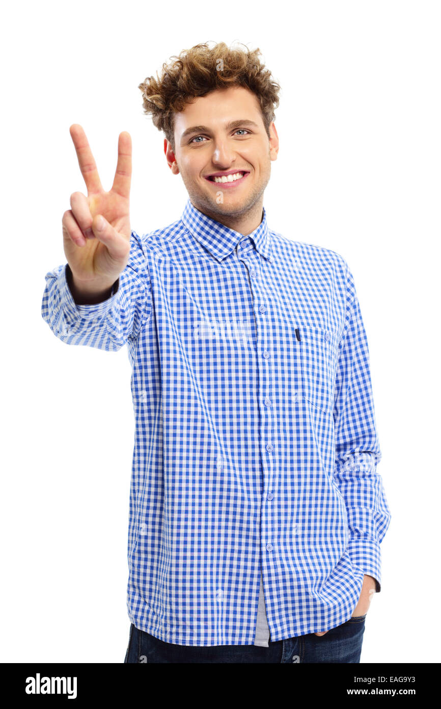 Victory sign young man curly hi-res stock photography and images - Alamy