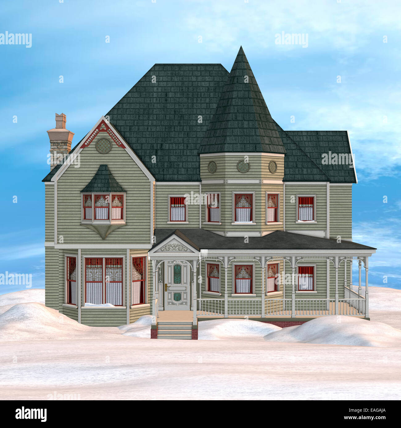 3D digital render of a beautiful Victorian winter house on blue sky ...