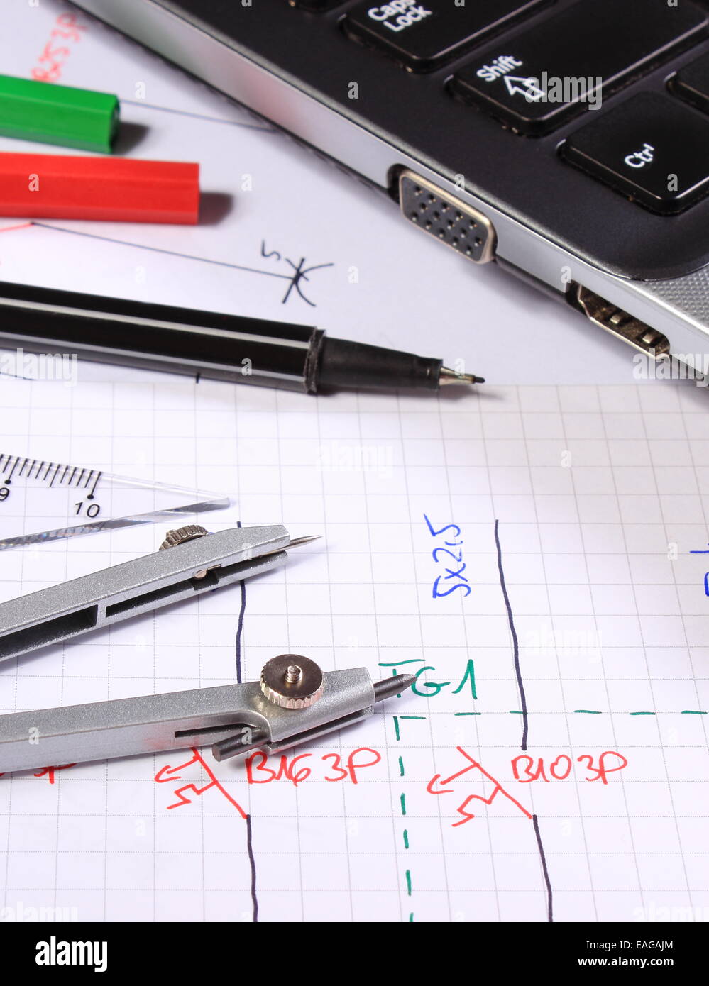 Electrical diagrams, accessories for drawing and laptop, drawings and ...