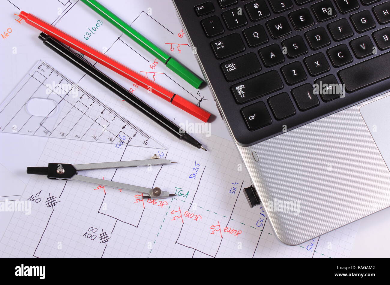 Electrical diagrams, accessories for drawing and laptop, drawings and ...