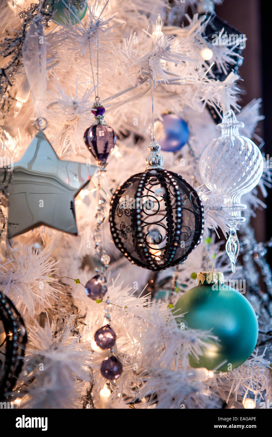 Detail of a Christmas tree, decorations and lights Stock Photo - Alamy