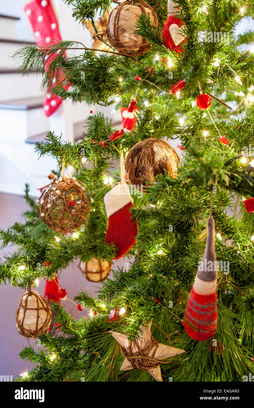Detail of a Christmas tree, decorations and lights Stock Photo - Alamy
