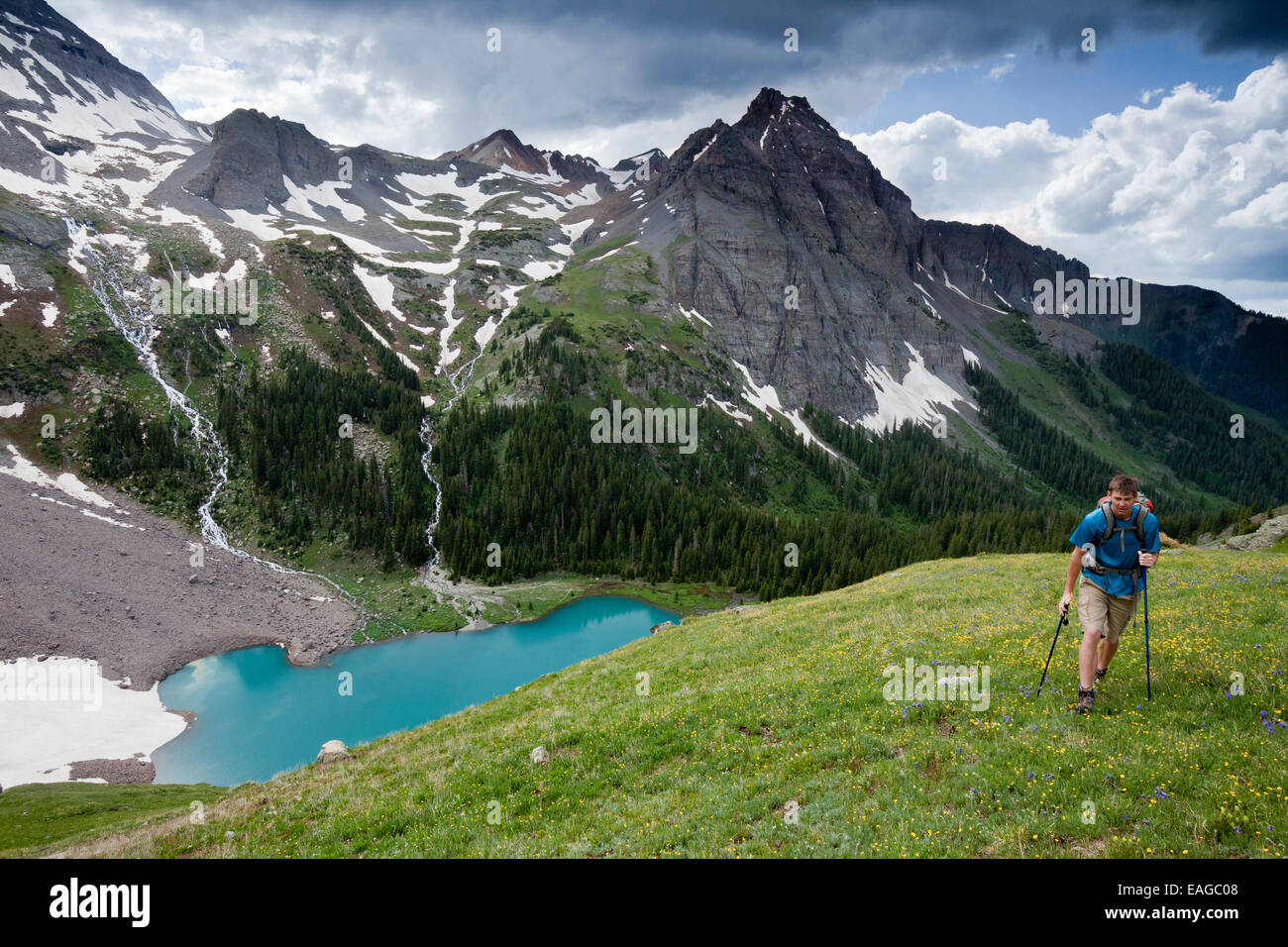 A hiker above lower Blue Lake near Ouray Colorado Stock Photo - Alamy