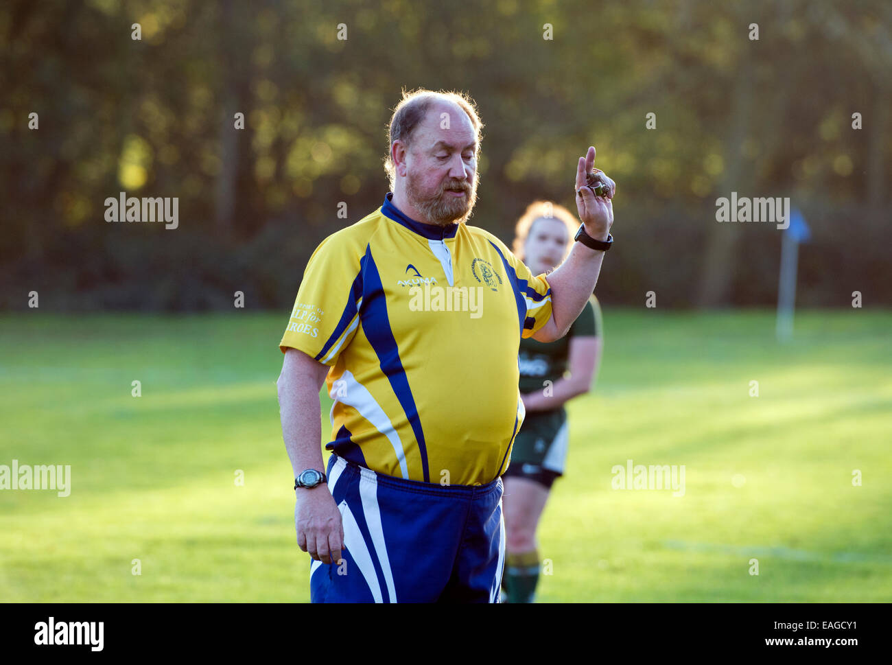 University sport UK, Women`s Rugby Union. The referee signalling to ...