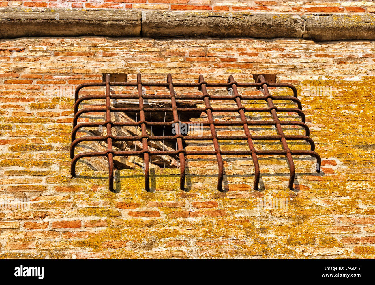 iron grated Window in the brick wall of the medieval Fortress of ...
