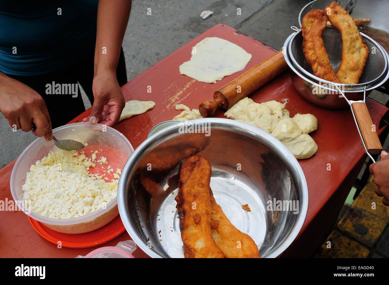 Cheese pie stall - Cachanga- Empanada - Market in TUMBES. Department of ...