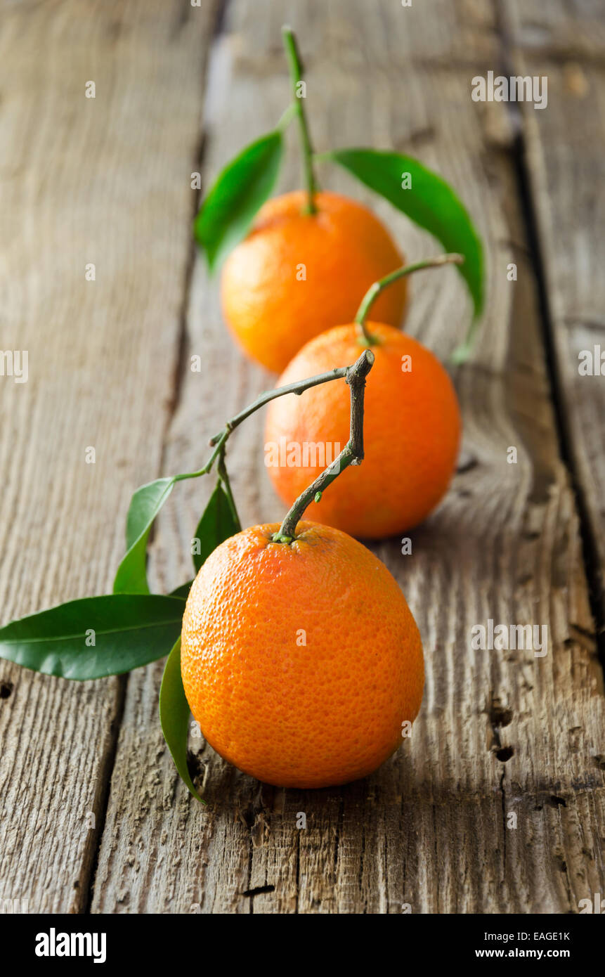 Three ripe tangerines in straight line on wooden table Stock Photo - Alamy