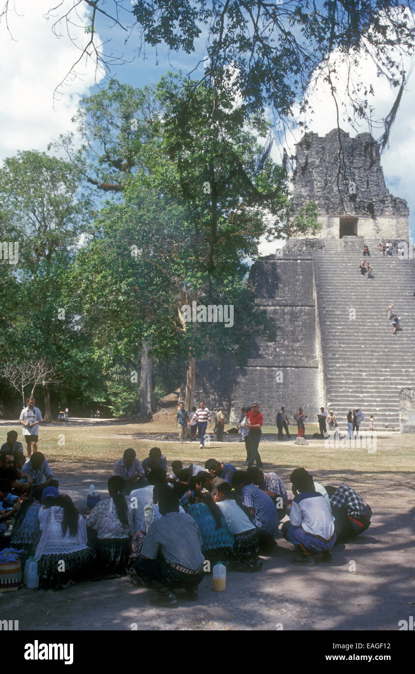 Mayan religious ceremony in the Great Plaza at the Mayan ruins of Tikal ...