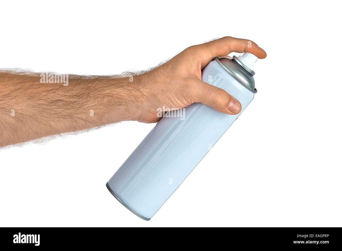 Spray bottle can in hand isolated over white background Stock Photo - Alamy