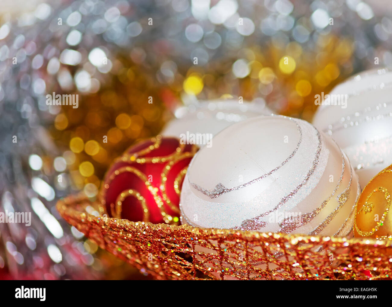 shining Christmas balsl on a golden tray Stock Photo - Alamy