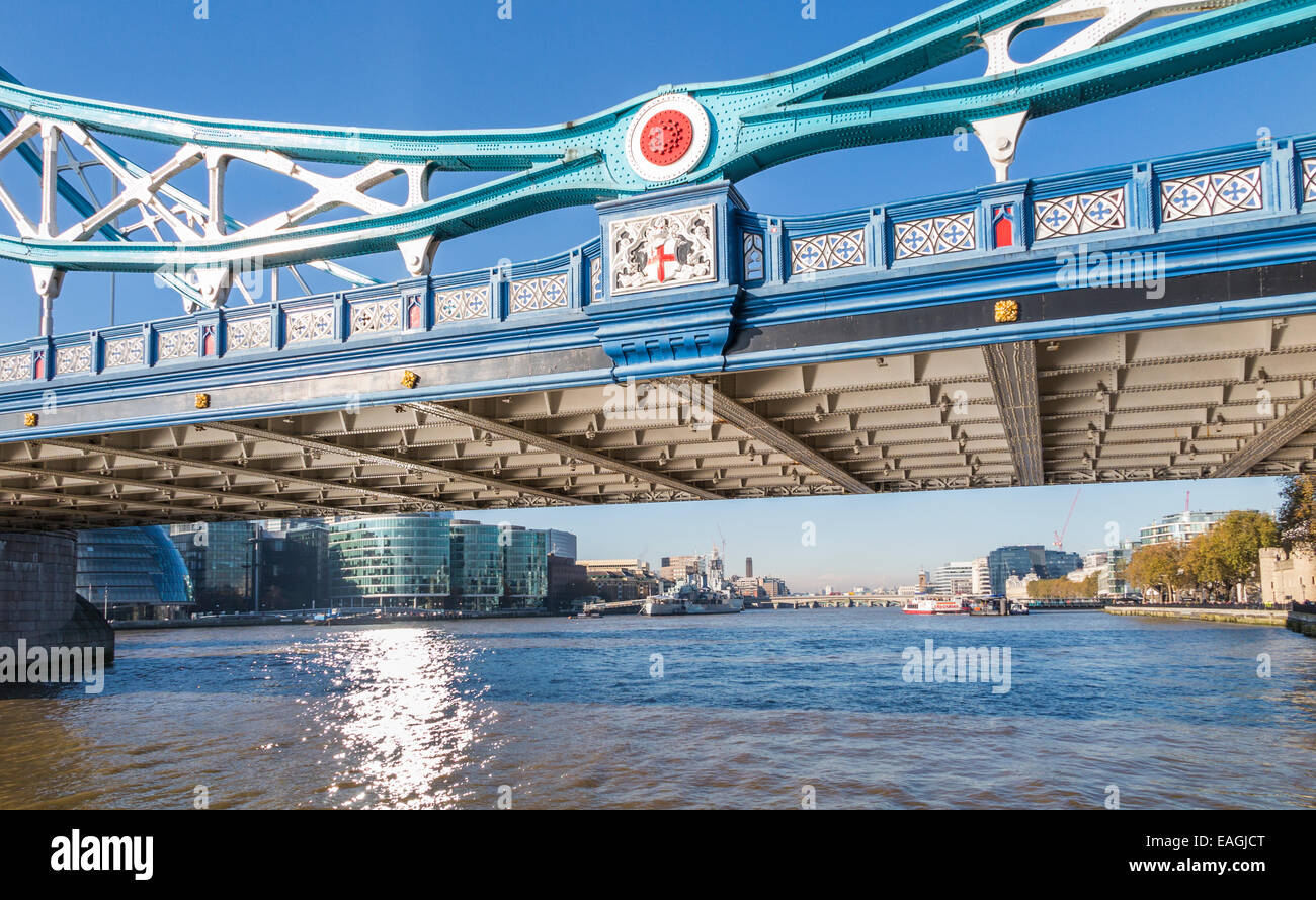 Underside of Tower Bridge, an iconic landmark in the City of London ...
