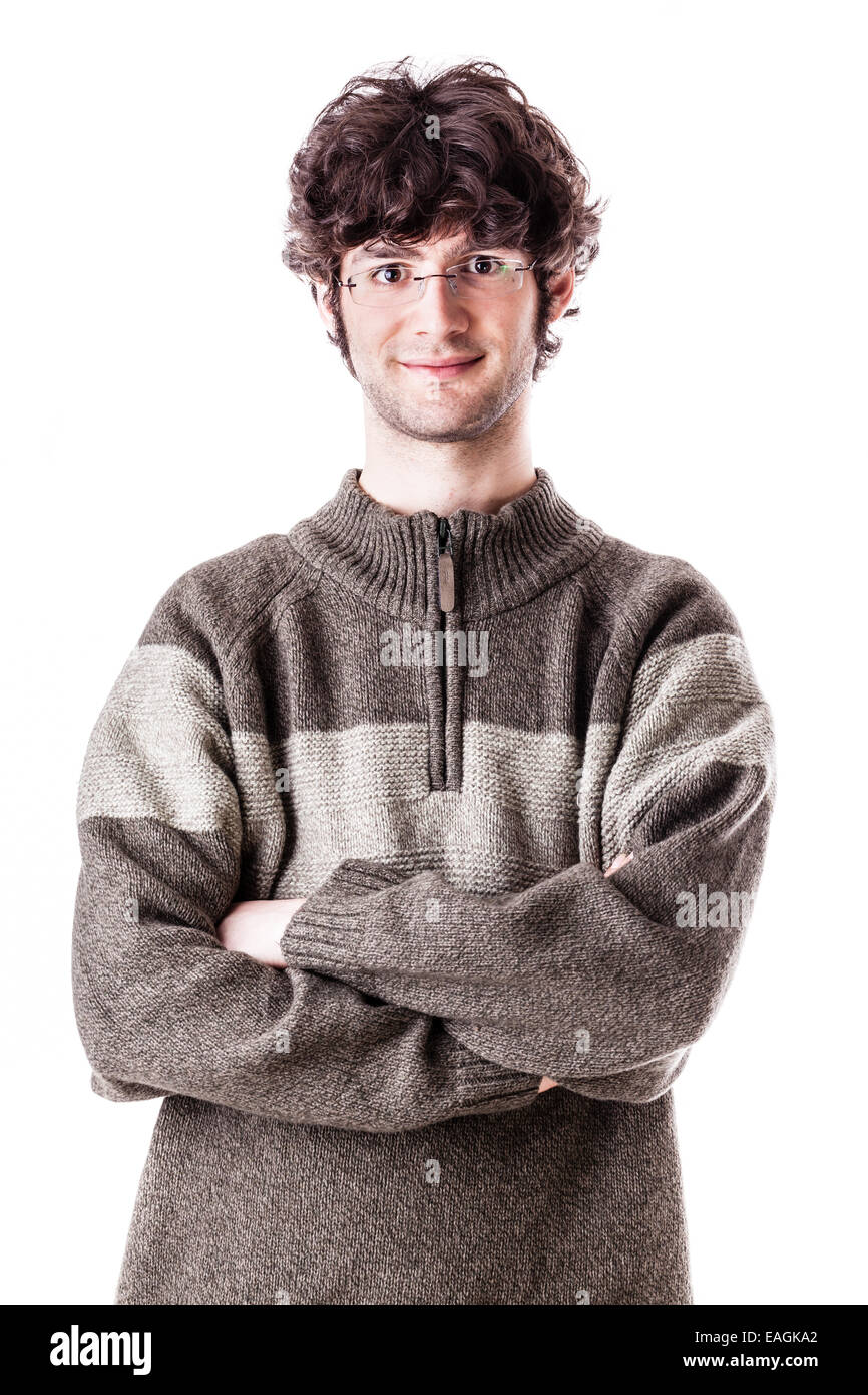an handsome casual guy, maybe a student, isolated over white background ...