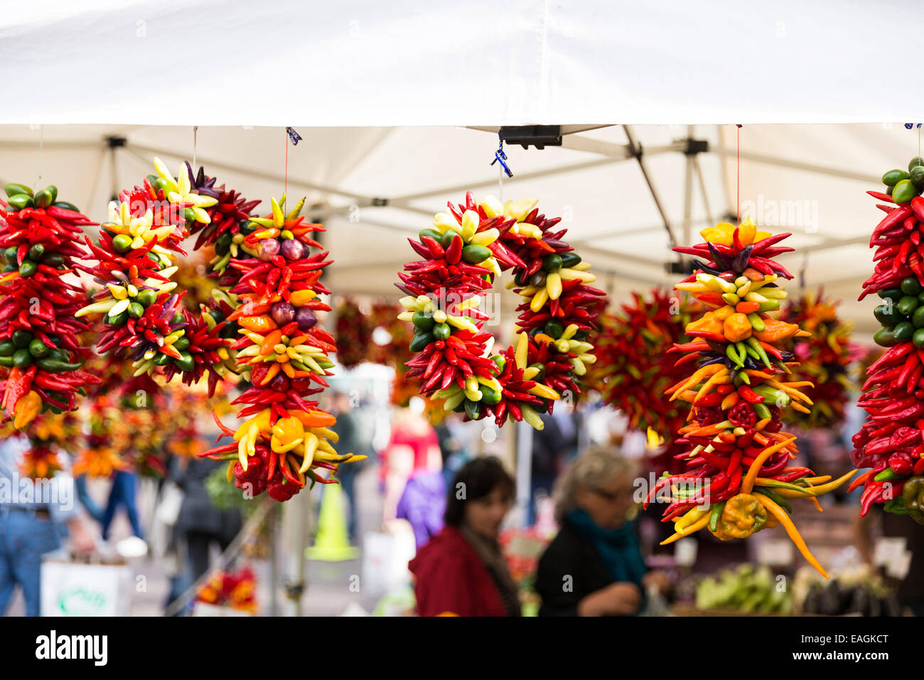 Decorative colorful pepper strings at the Pike Place Market open air ...