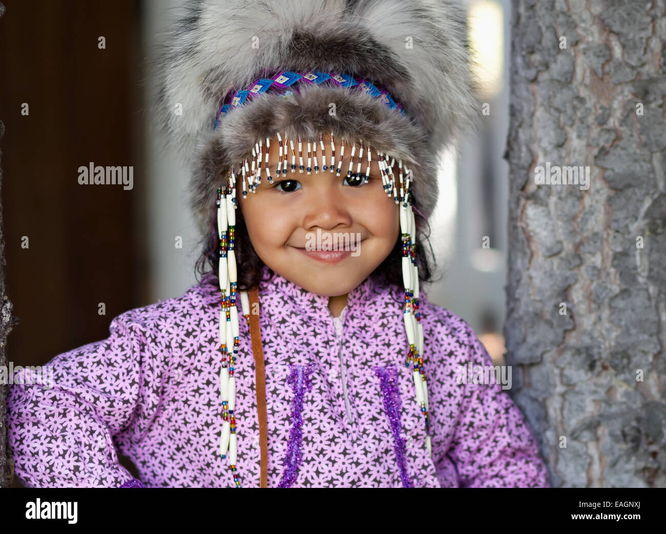 Eskimo Girl Wearing An Alaskan Native Headdress And Kuspuk In Eagle ...
