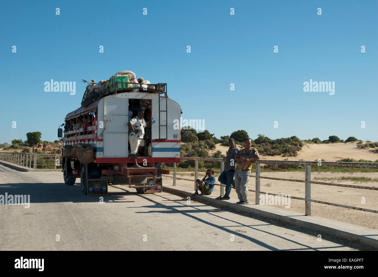 Bus On A Bridge Over Fiherenana River, North Of Toliara, Madagascar ...