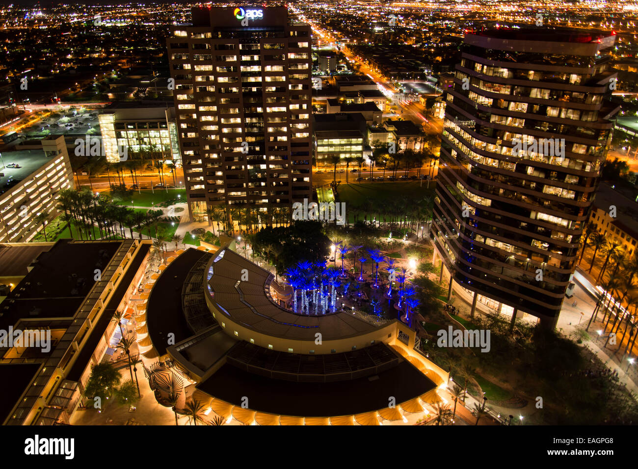 Aerial of downtown buildings at night in Phoenix, Arizona Stock Photo ...