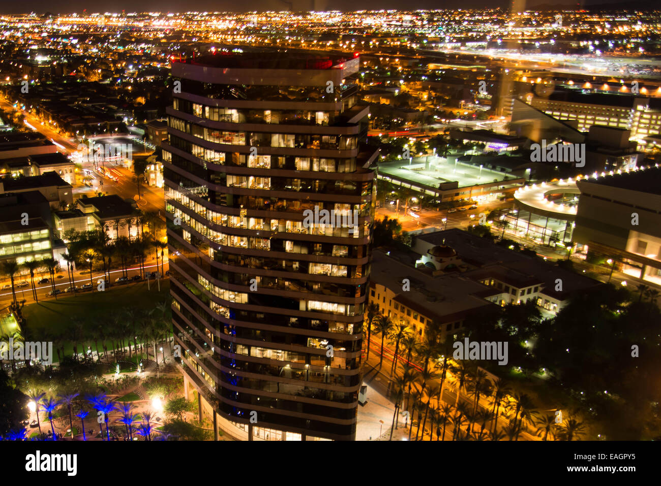 Aerial of downtown buildings at night in Phoenix, Arizona Stock Photo ...