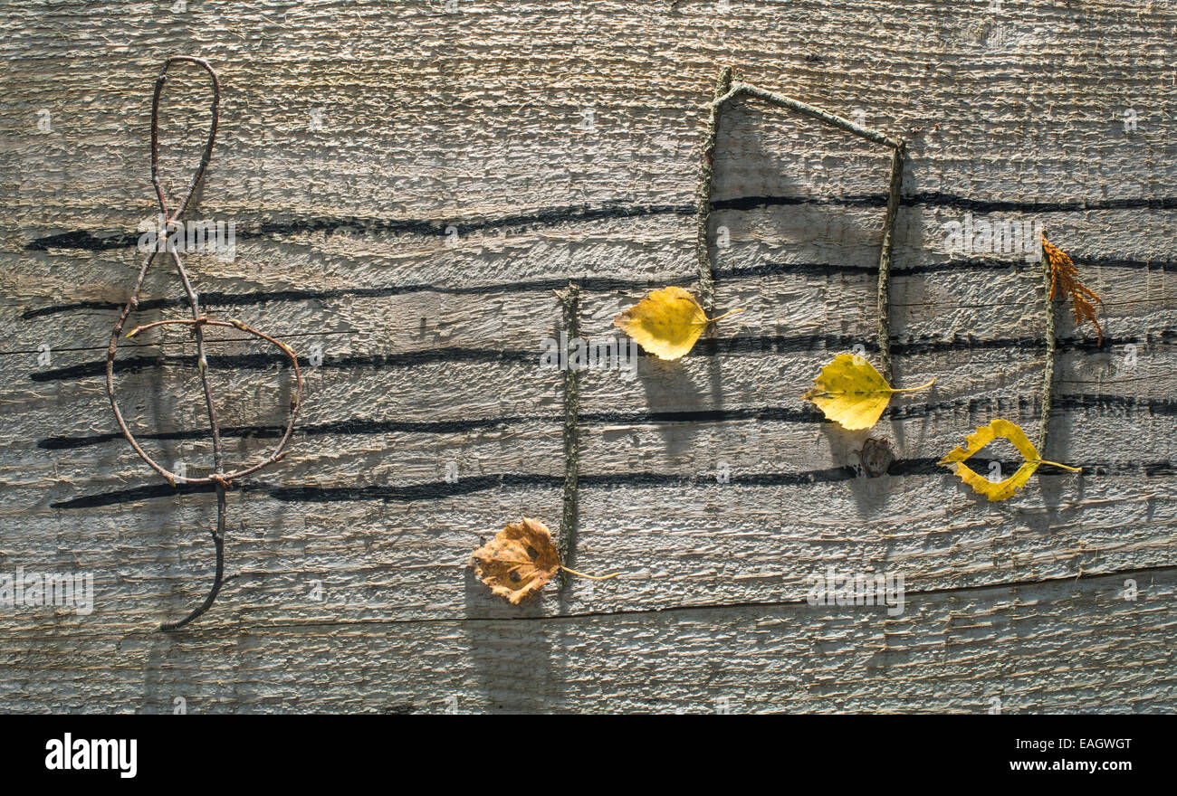 Musical notes conception. Wooden musical notes and leaves Stock Photo ...