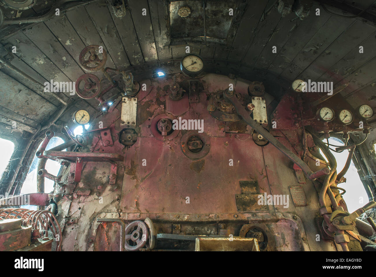 Details of an old steam locomotive interior. Inside the locomotive ...