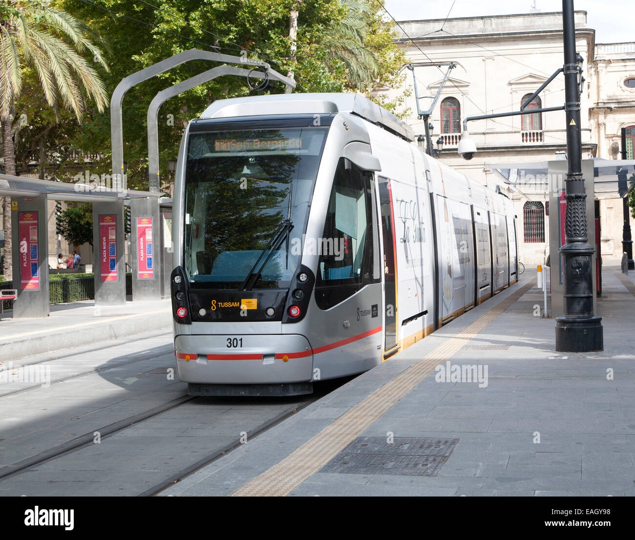 Modern Metro-Centro tram transport system station at Plaza Nueva ...