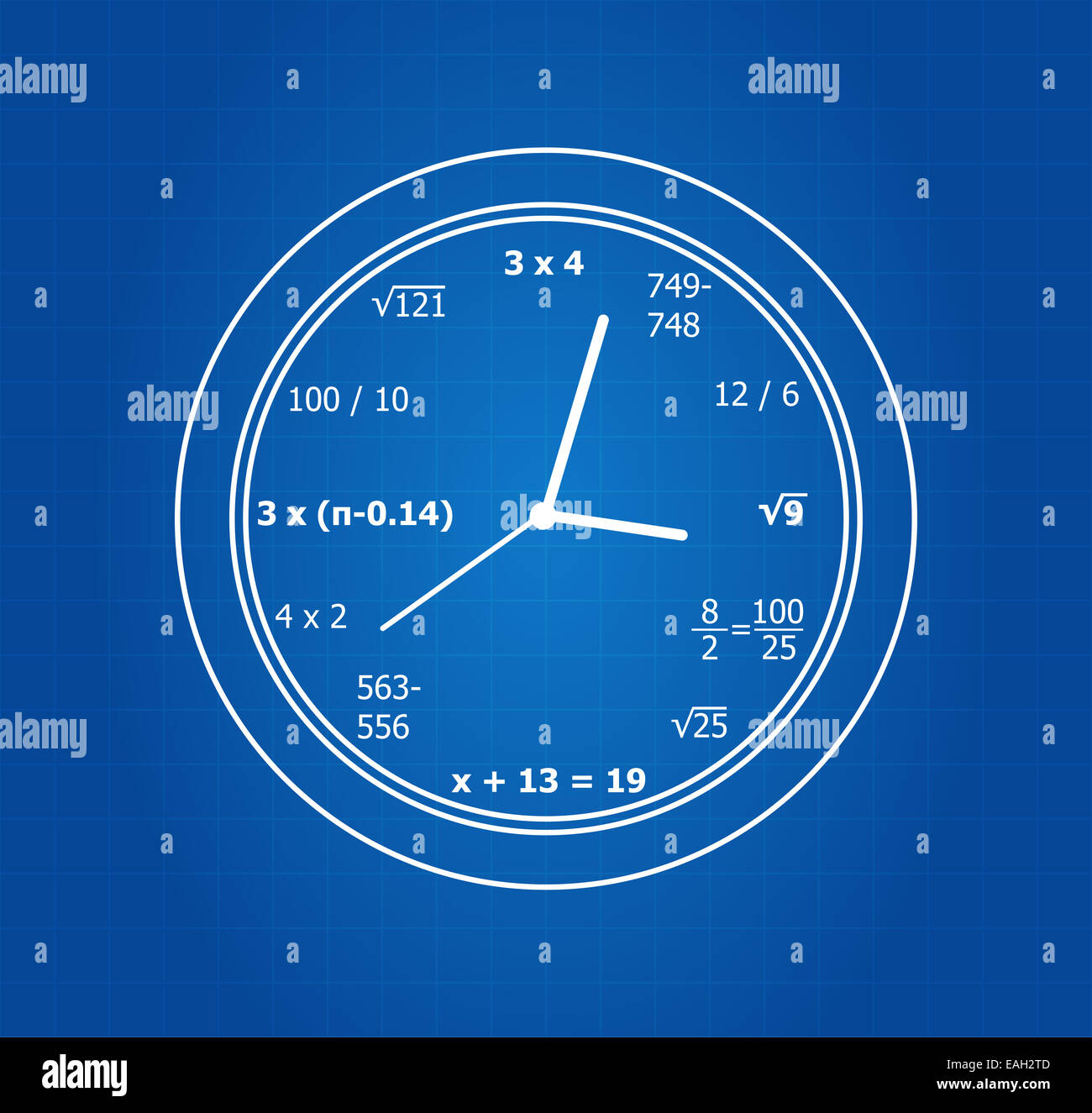 Mathematical Equations Clock On Blueprint Stock Photo - Alamy