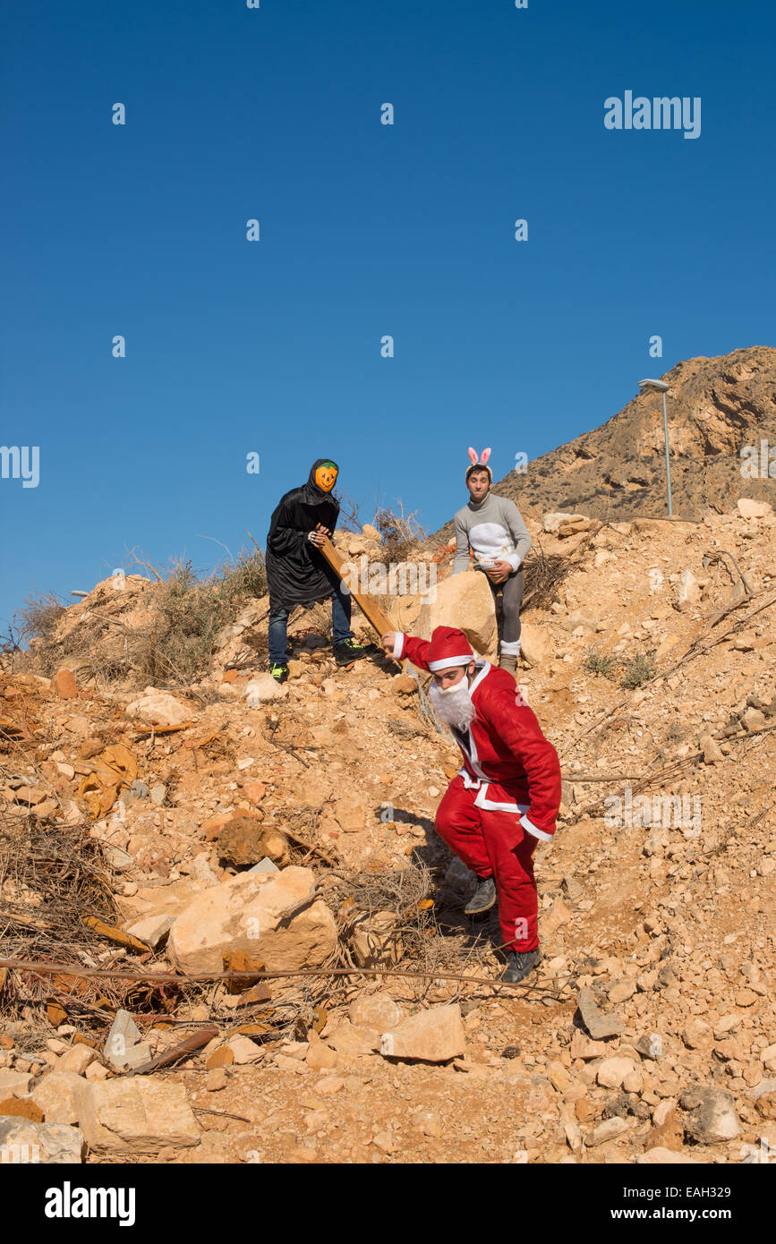 Santa in trouble, being threatened by the Easter Bunny and a Halloween ...
