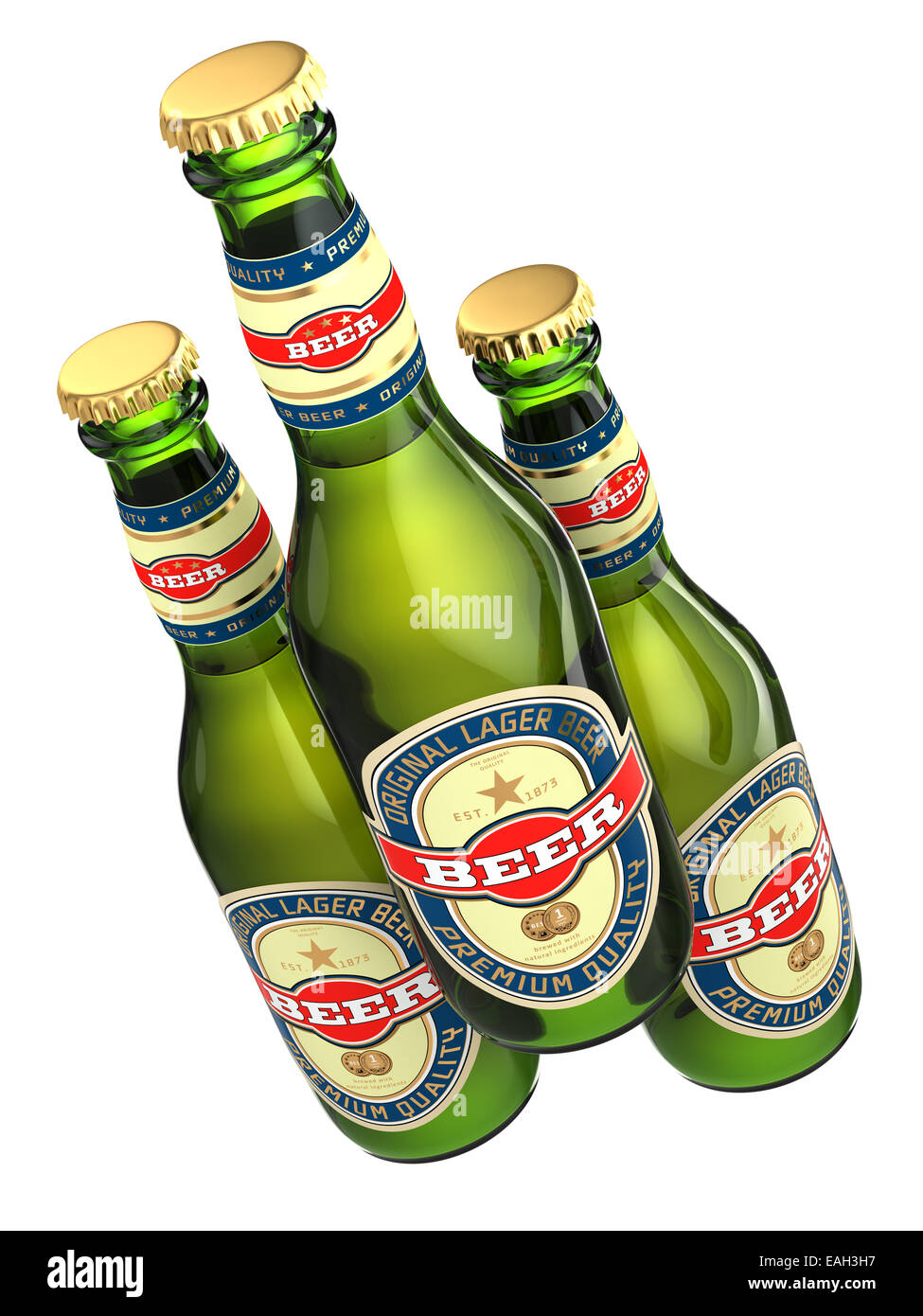 Three beer bottles with labels isolated on white. 3d Stock Photo - Alamy