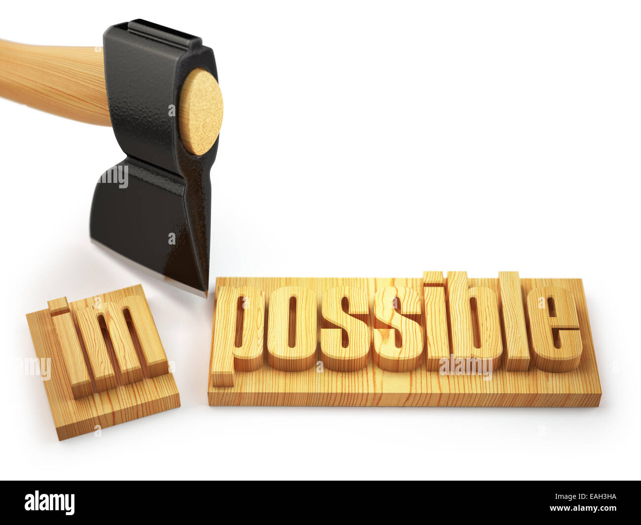 Changing of word impossible into possible on wooden plank with axe ...
