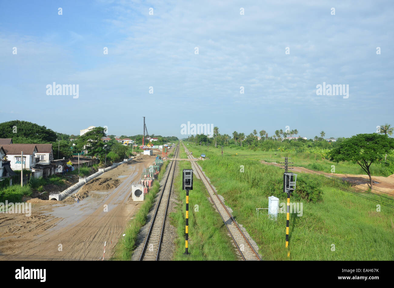 Railway Train and Construction site of water drainage concrete pipe at ...