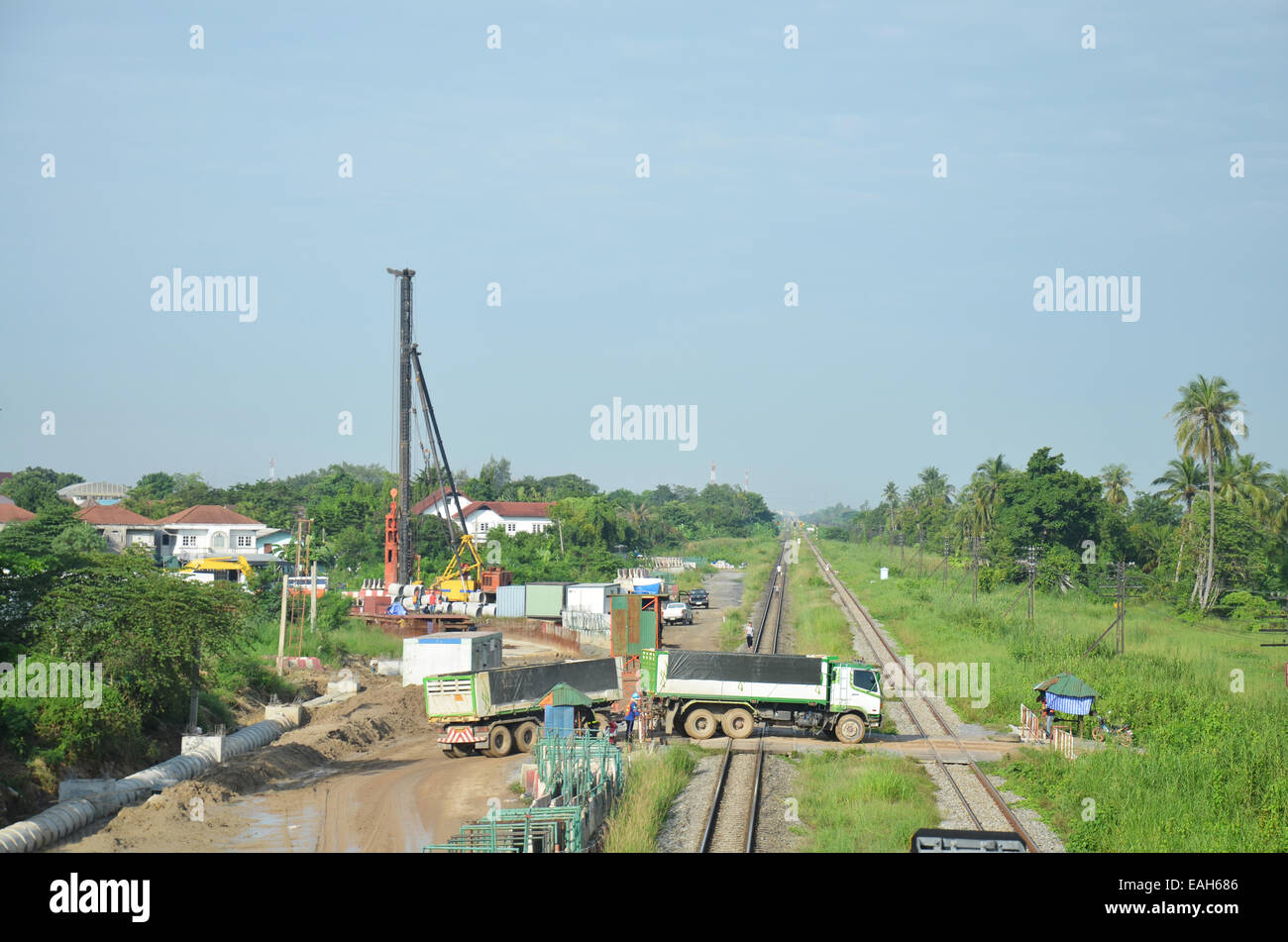 Railway Train and Construction site of water drainage concrete pipe at ...