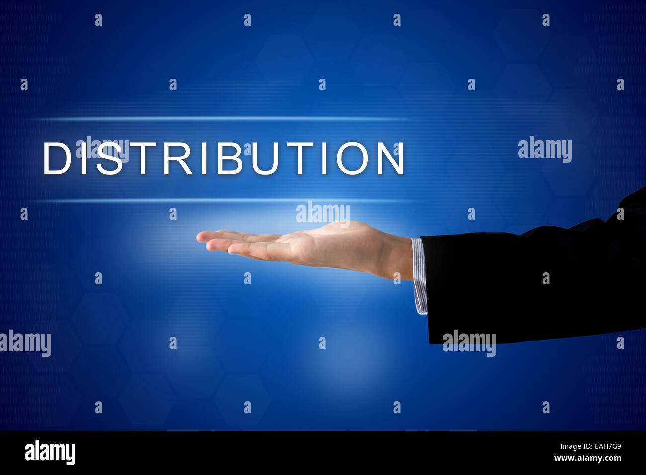 distribution button with business hand on a touch screen interface ...
