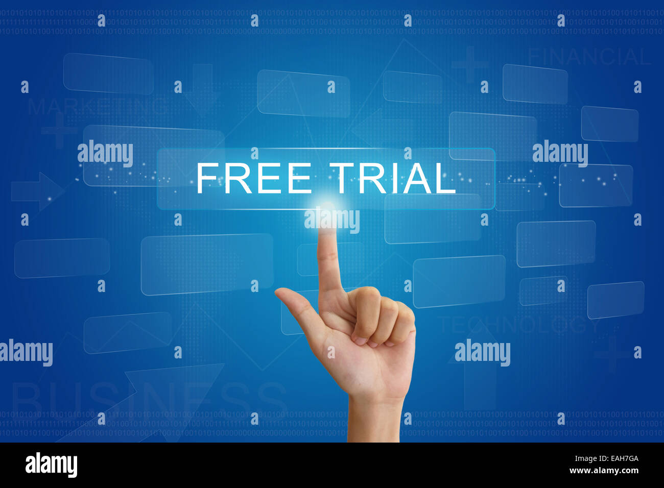 hand press on free trial button on virtual screen Stock Photo - Alamy