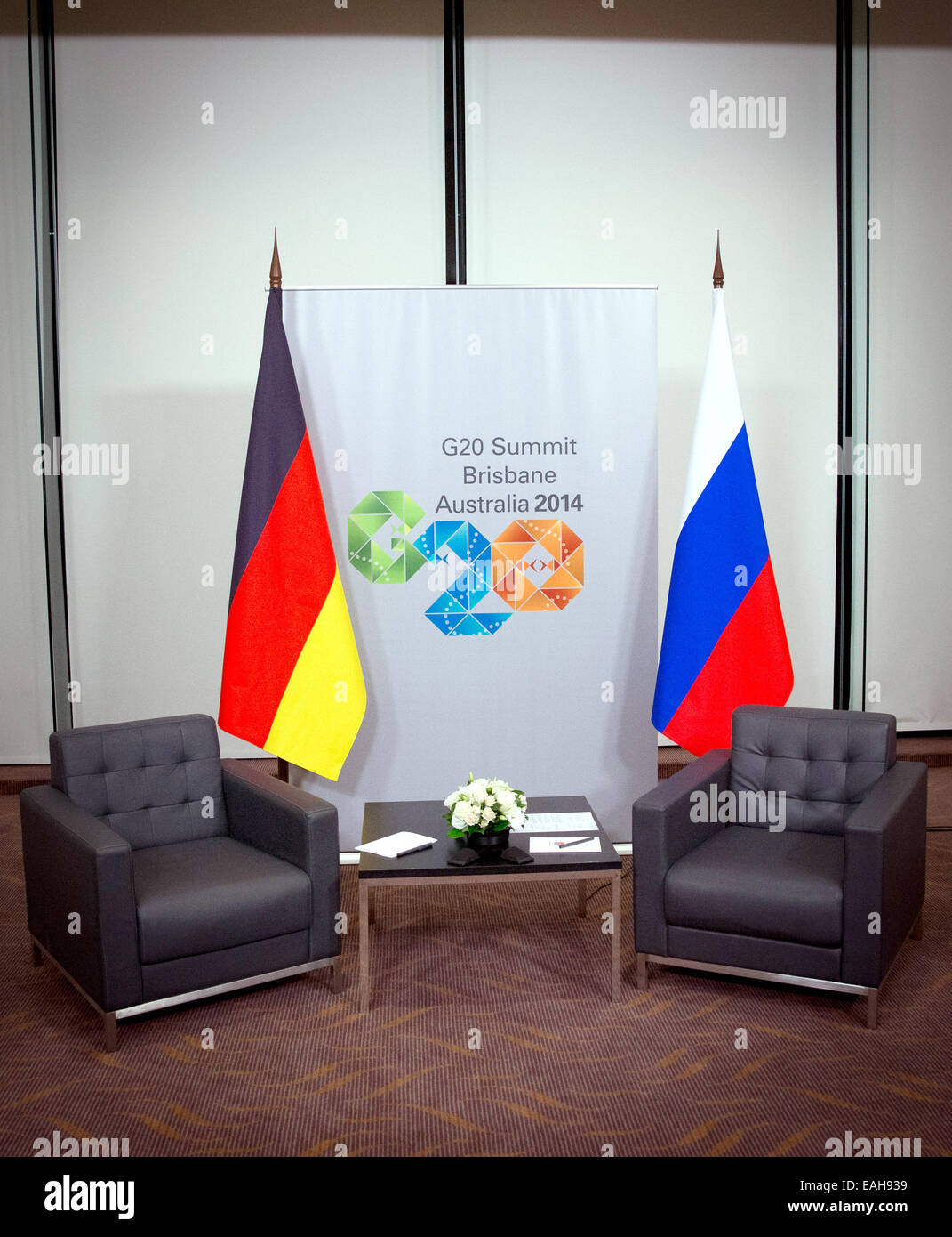 Brisbane, Australia. 15th Nov, 2014. Empty chairs and the flags of ...