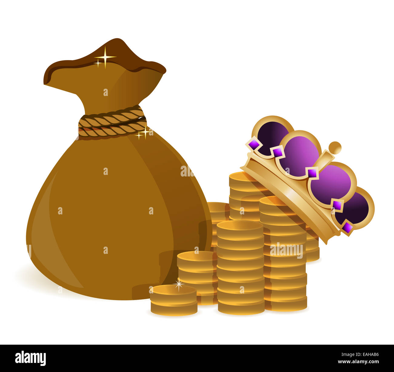Coins money bag and royal crown Stock Photo - Alamy