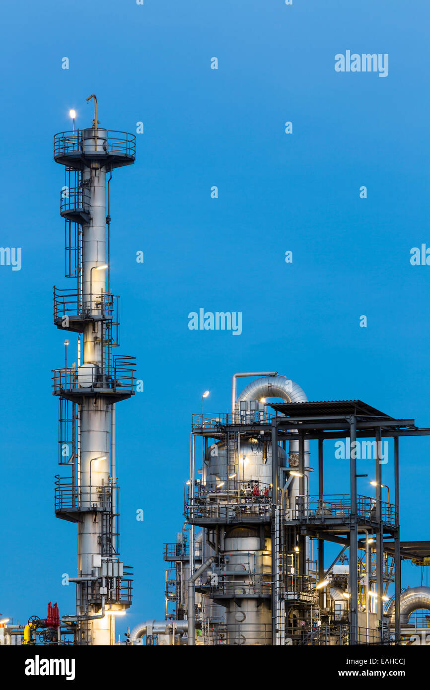 Detail of distillation towers in a chemical plant and refinery with ...