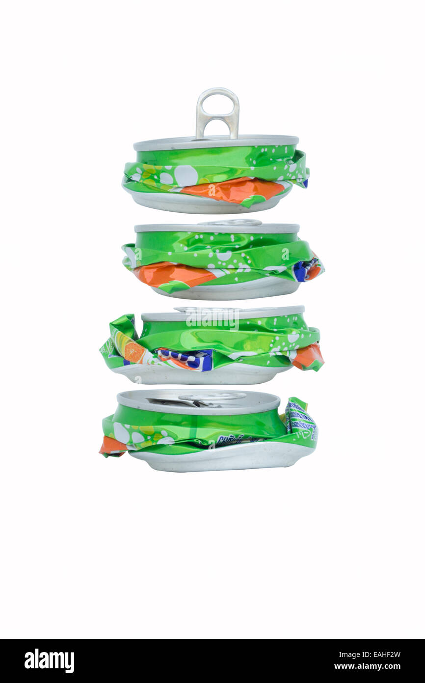 smashed soda cans mixed to be a new shape of soda can, recycle concept ...