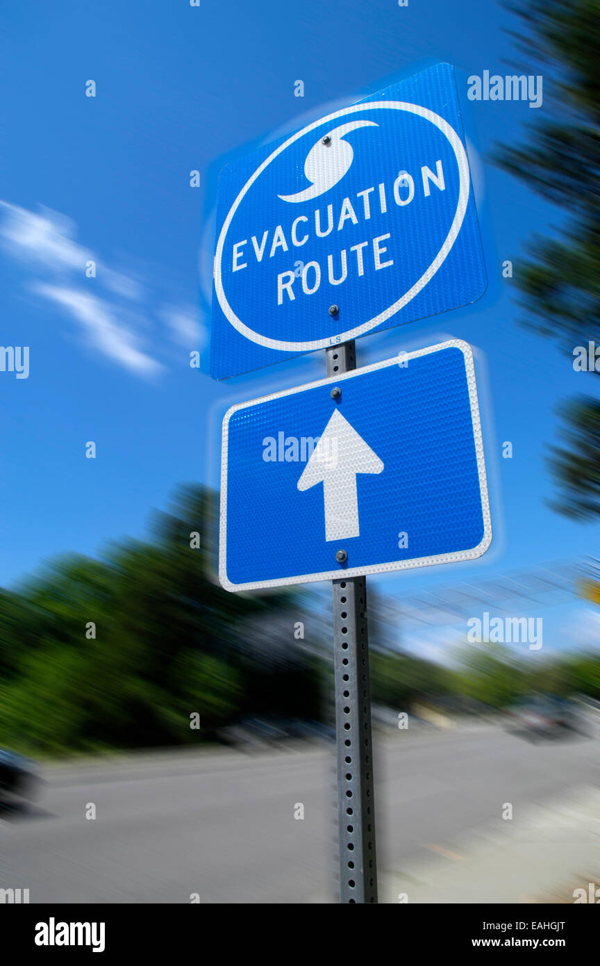 A Directional Sign ion a highway indicating the Storm Evacuation Route ...
