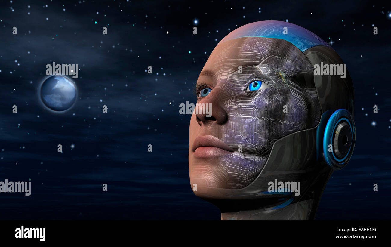 Cyborg woman with night sky background Stock Photo - Alamy