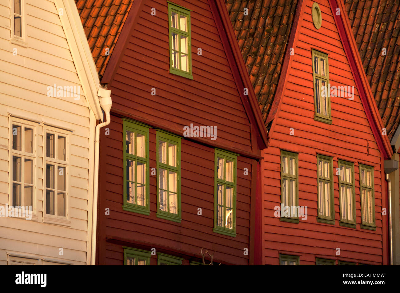 Colorful wooden houses in Bryggen old wharf district, Bergen, Norway ...