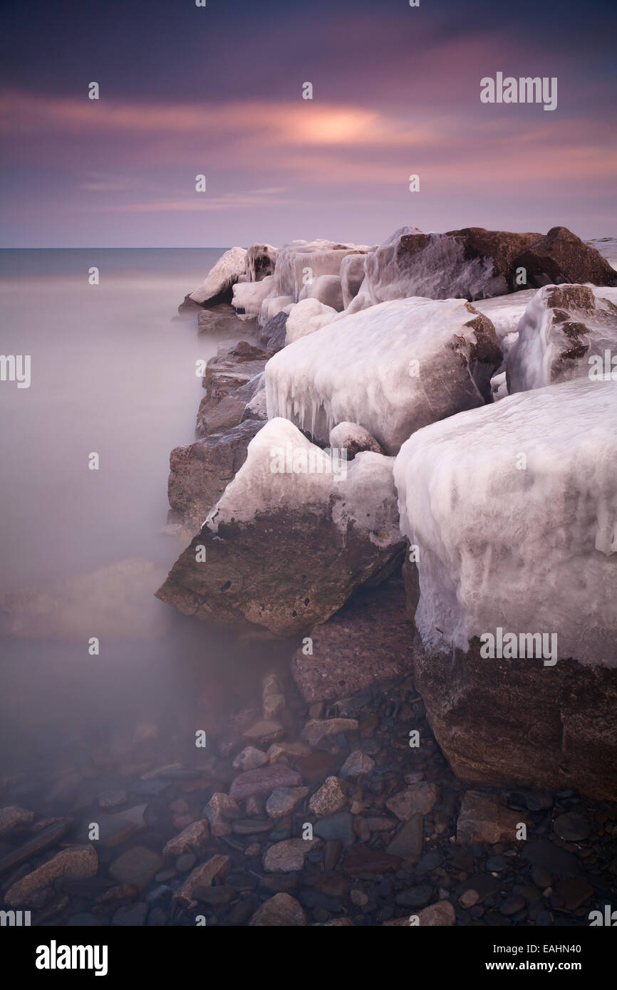 A long exposure of an ice covered breakwater on Lake Ontario. Oakville ...