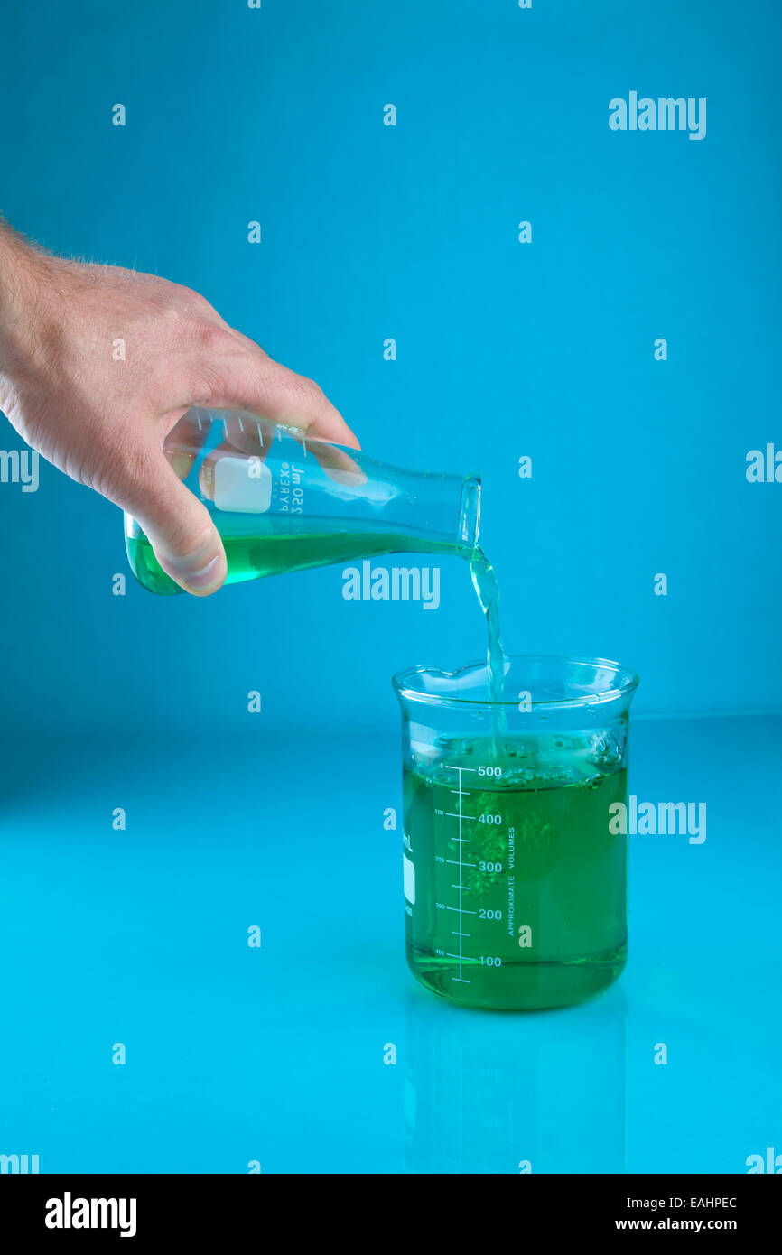 Pouring a green liquid into a beaker Stock Photo - Alamy