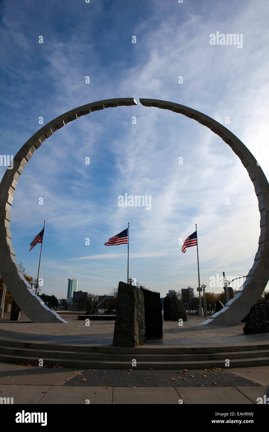 A view of the Michigan Labor Legacy Landmark arch in downtown Detroit ...