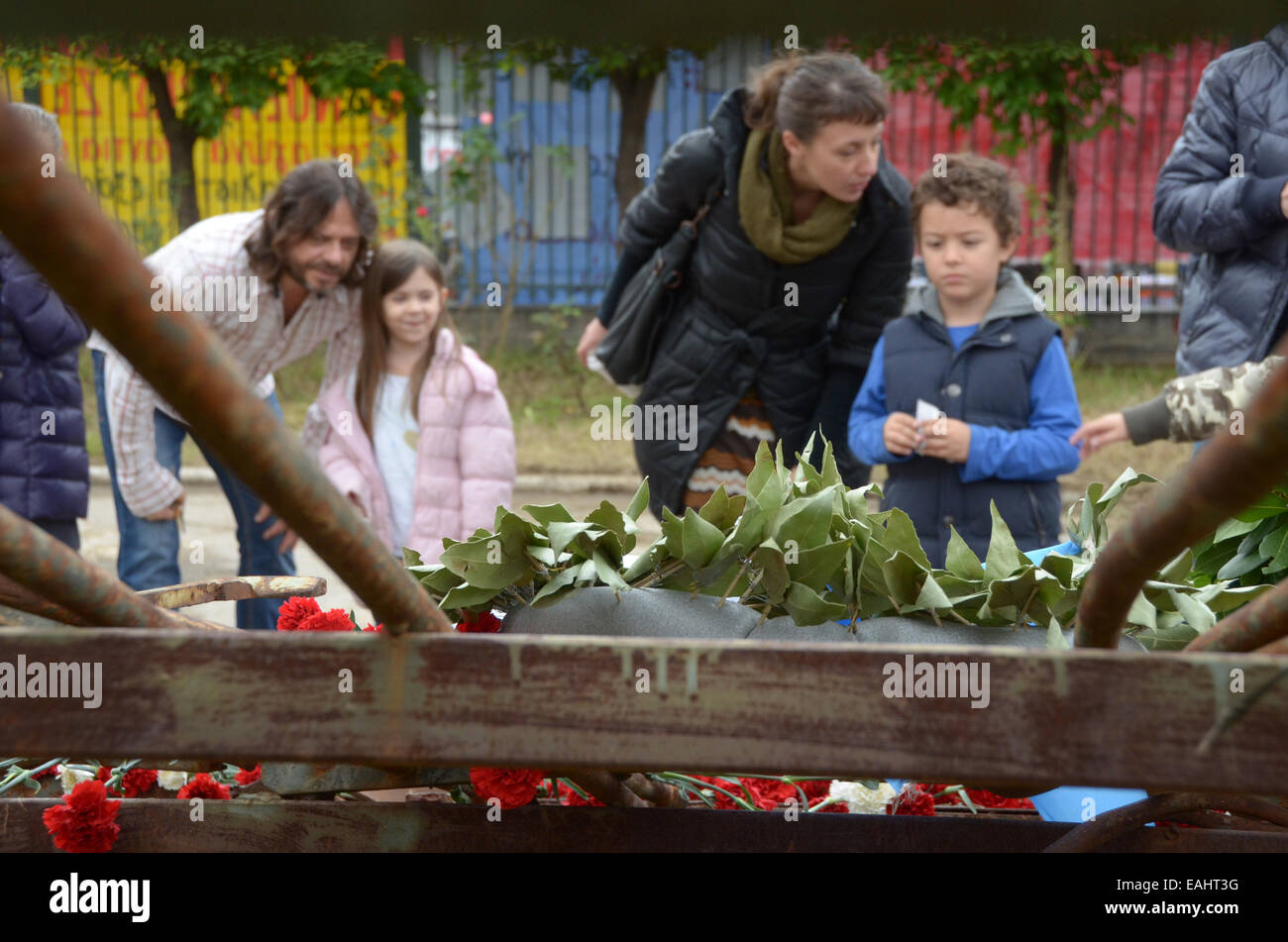 People view the military tank crashed gate of the Athens Polytechnic ...