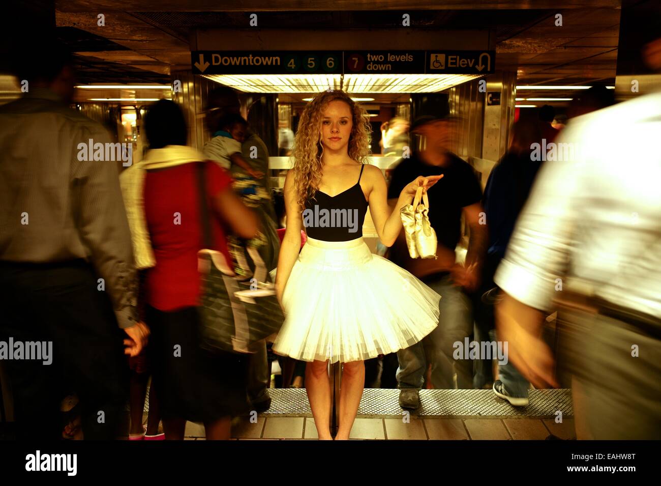 Classic ballerina with tutu dancing in the New York Subway Stock Photo ...