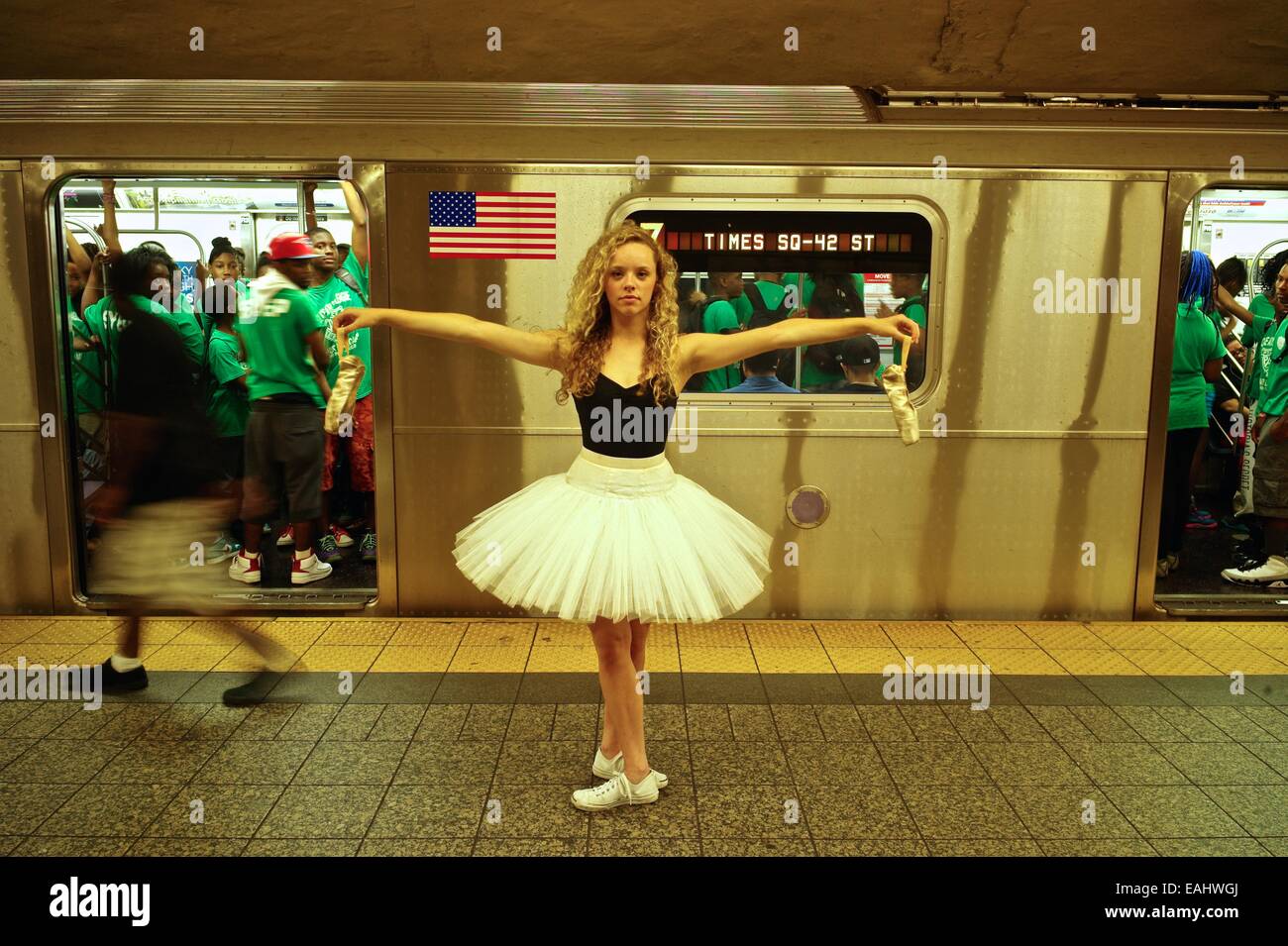 Classic ballerina with tutu dancing in the New York Subway Stock Photo ...