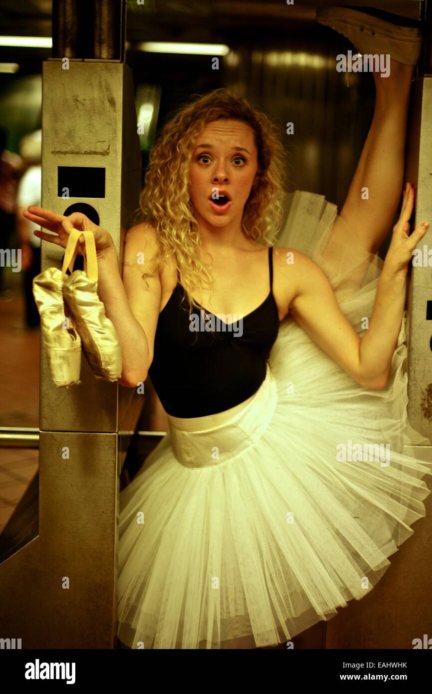 Classic ballerina with tutu dancing in the New York Subway Stock Photo ...