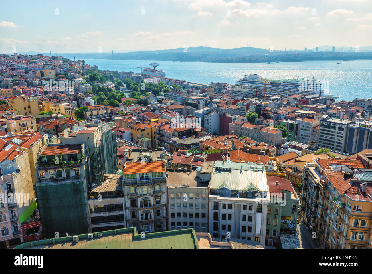 Aerial view of the Istanbul cityscape, looking toward the Bosphorus ...