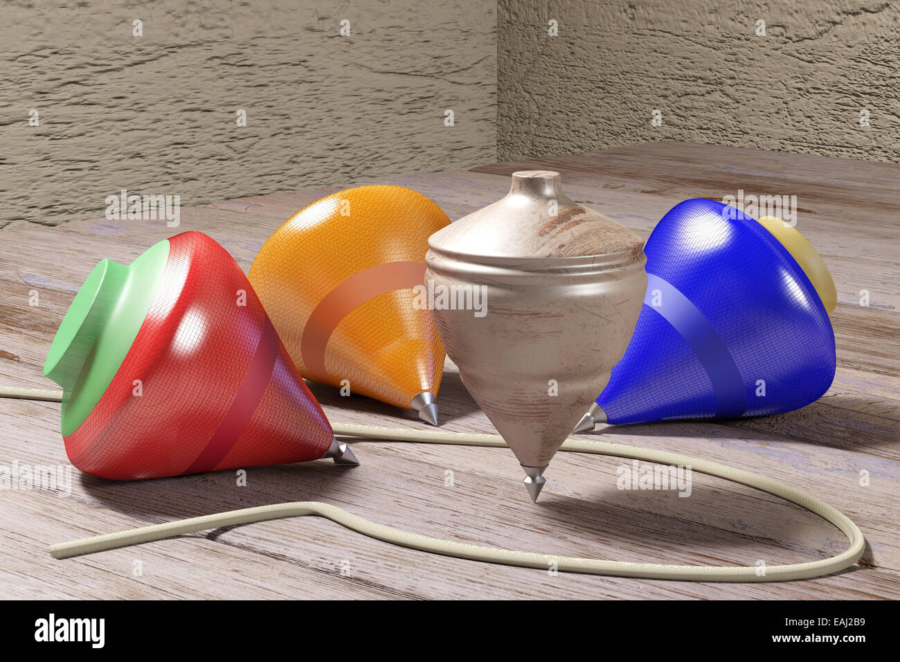 3d rendering of some peg tops on a wood table Stock Photo - Alamy