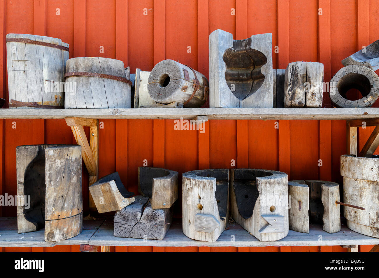 Traditional glass-blowing wooden moulds outside workshop, Skansen ...